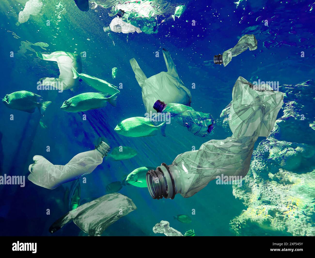 Fish swimming among plastic garbage in sea. Environmental pollution ...