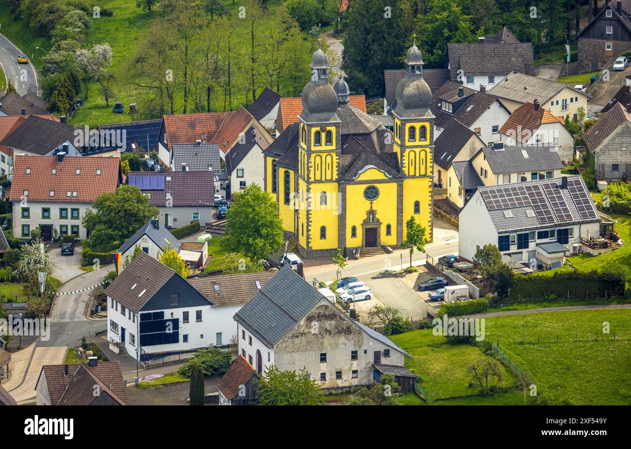 Aerial view, yellow church St. Maria Magdalena in Padberg, Marsberg ...