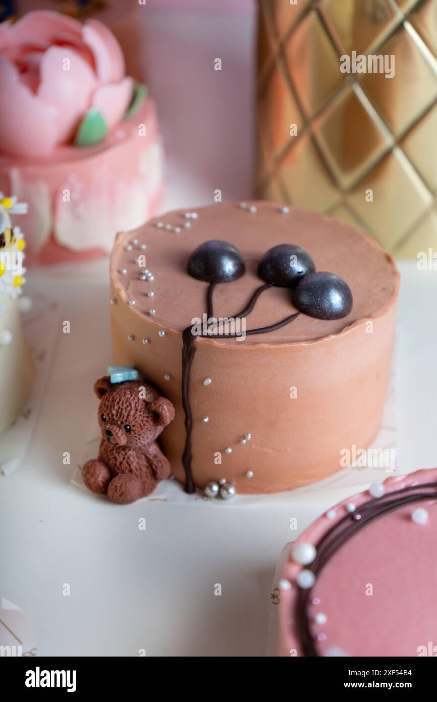 Cakes Assortment, Different Bento Cakes on Light Pink Background Stock Photo - Alamy