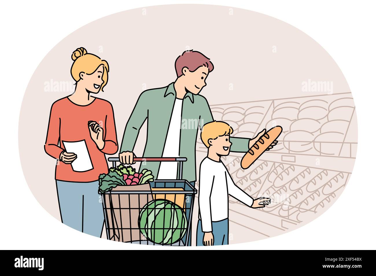Happy family is shopping in supermarket, standing with trolley near ...
