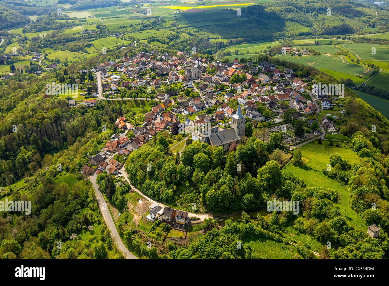 Aerial view, residential area, view of Obermarsberg on a wooded hill ...