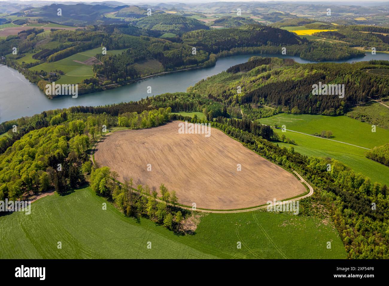 Aerial view, Hennesee, meadows and fields and wooded natural landscape ...