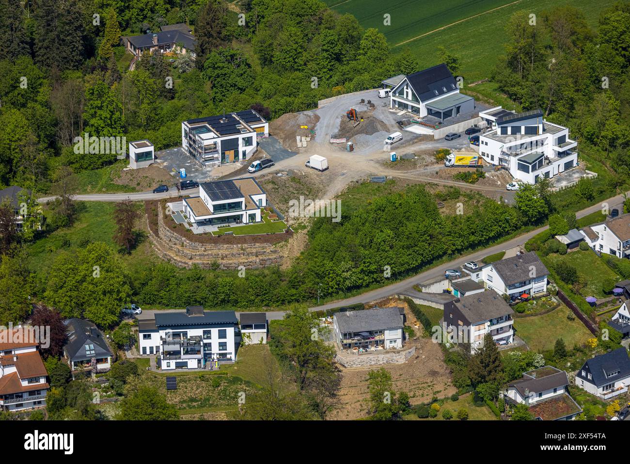 Aerial view, construction site with new residential buildings Unterm Hasenfeld, residential area ...