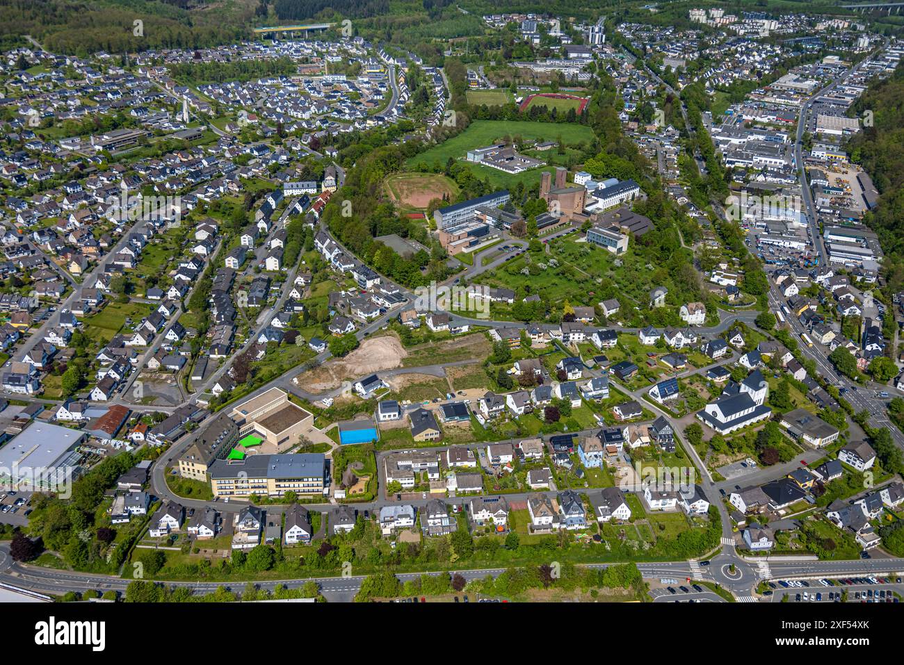 Aerial view, St. Walburga secondary school, An Klocken chapel, building ...