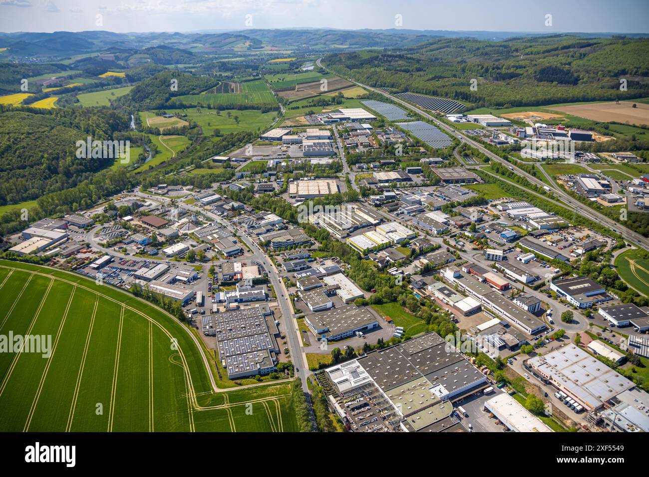 Aerial view, industrial estate Enste with citizen solar park ...
