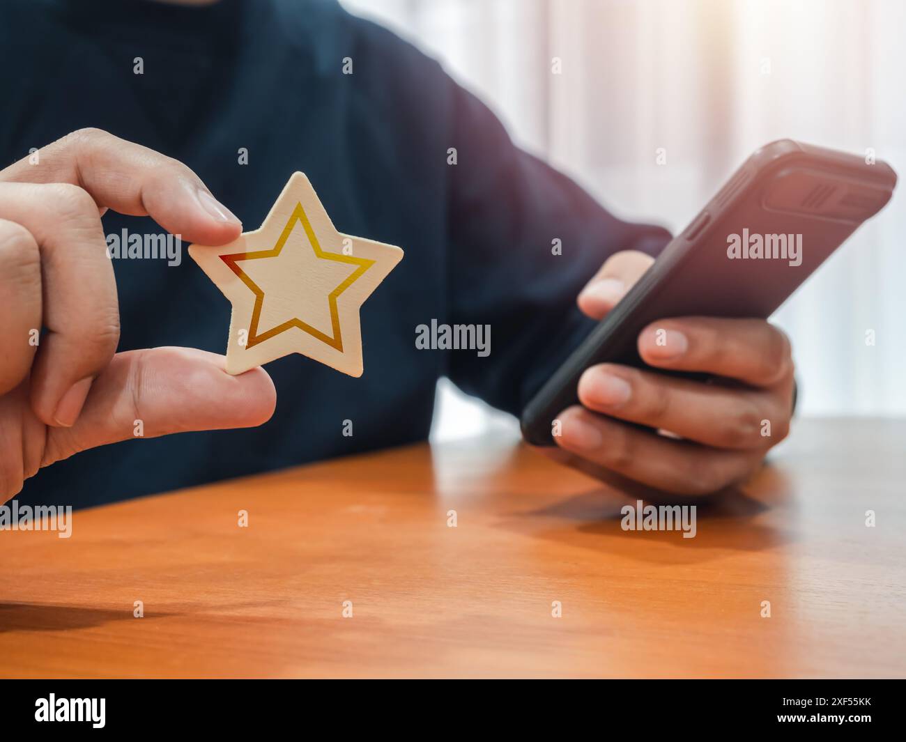 Customer review, satisfaction, feedback, survey concepts. Wooden star ...