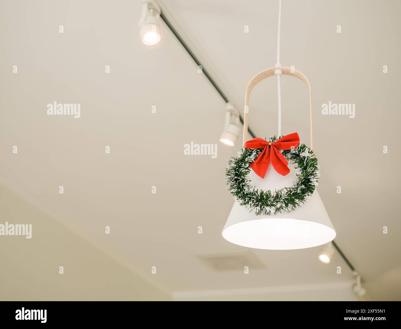 Merry Christmas and Happy New Year concept. Red ribbon bow on Christmas ...