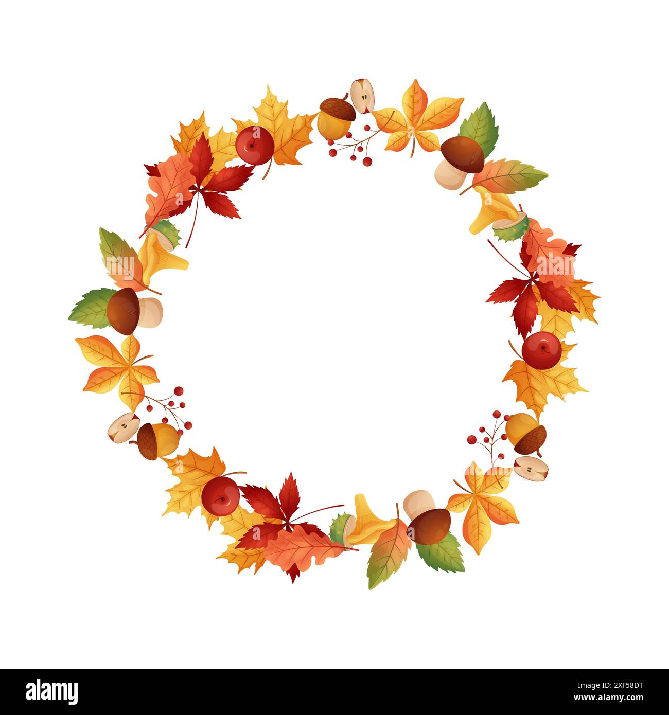 Template, empty fall frame. Leaves and mushrooms. On white background ...