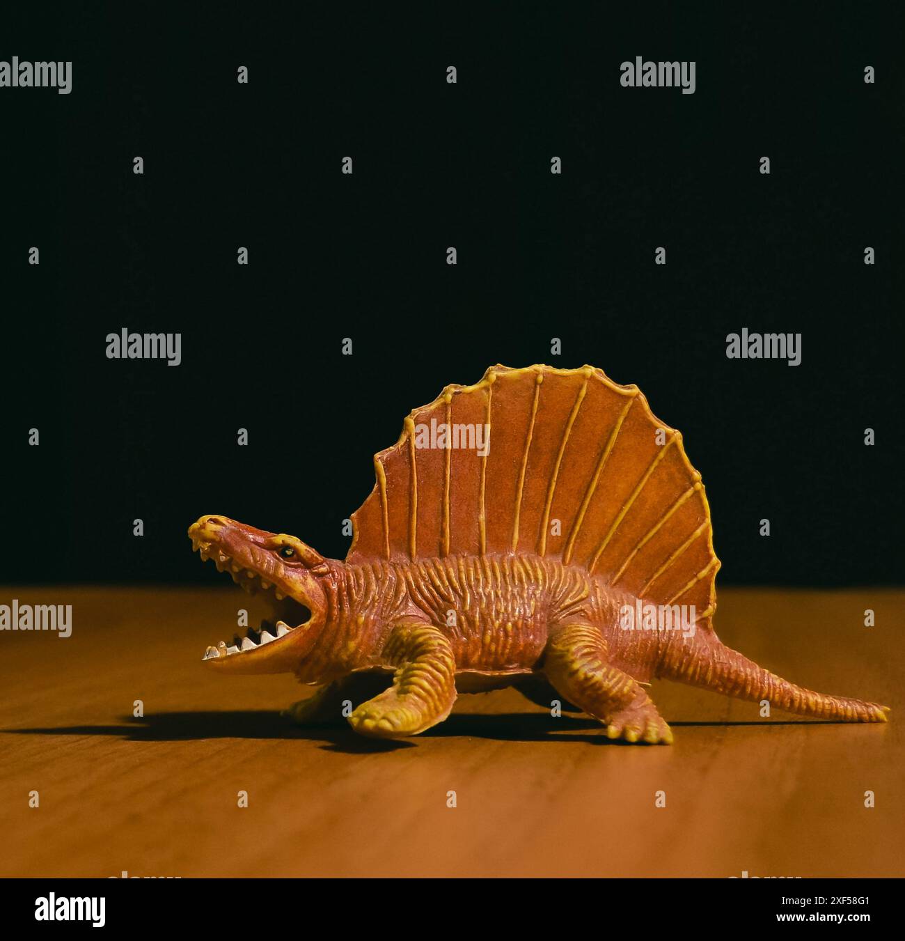 A figurine of an aggressive growling orange dinosaur of the Dimetrodon ...