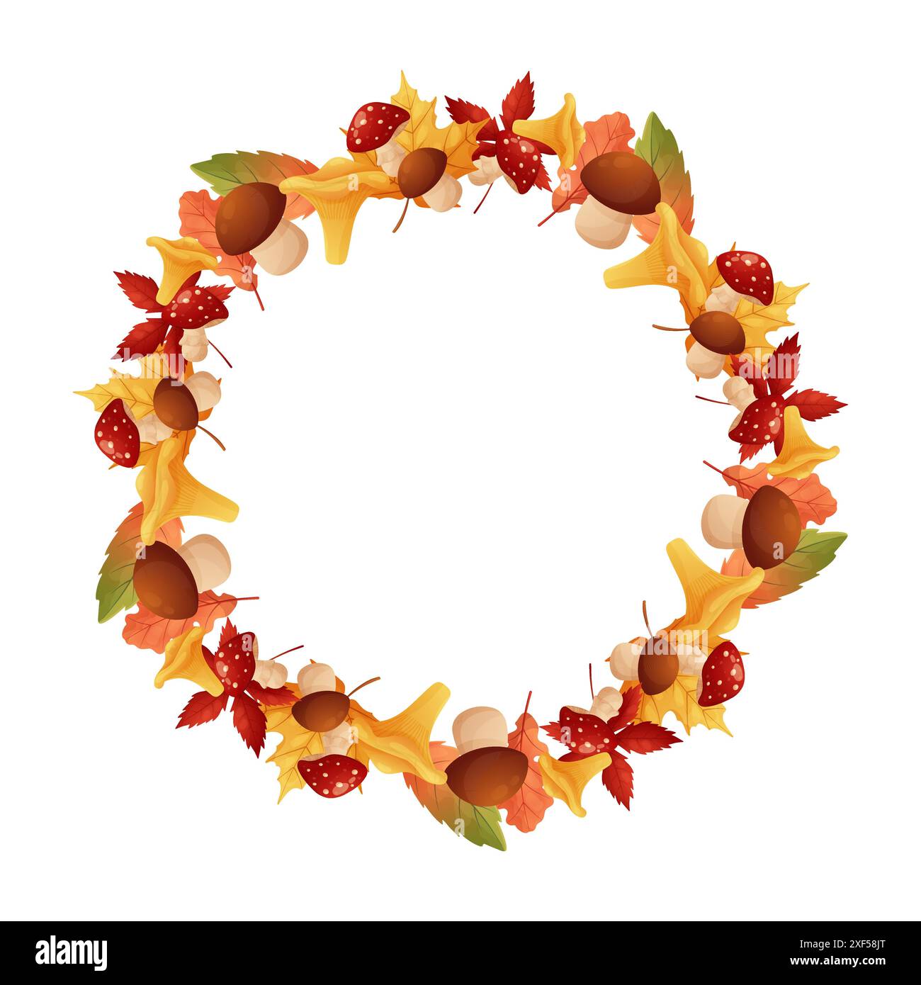 Template, empty fall frame. Leaves and mushrooms. On white background ...