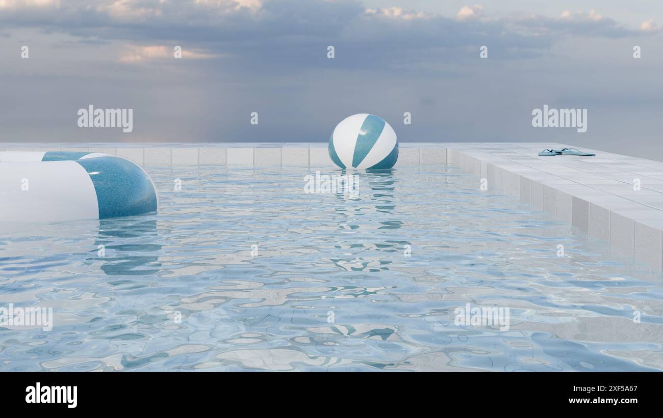 3d render of floating beach ball and clouds approaching swimming pool ...