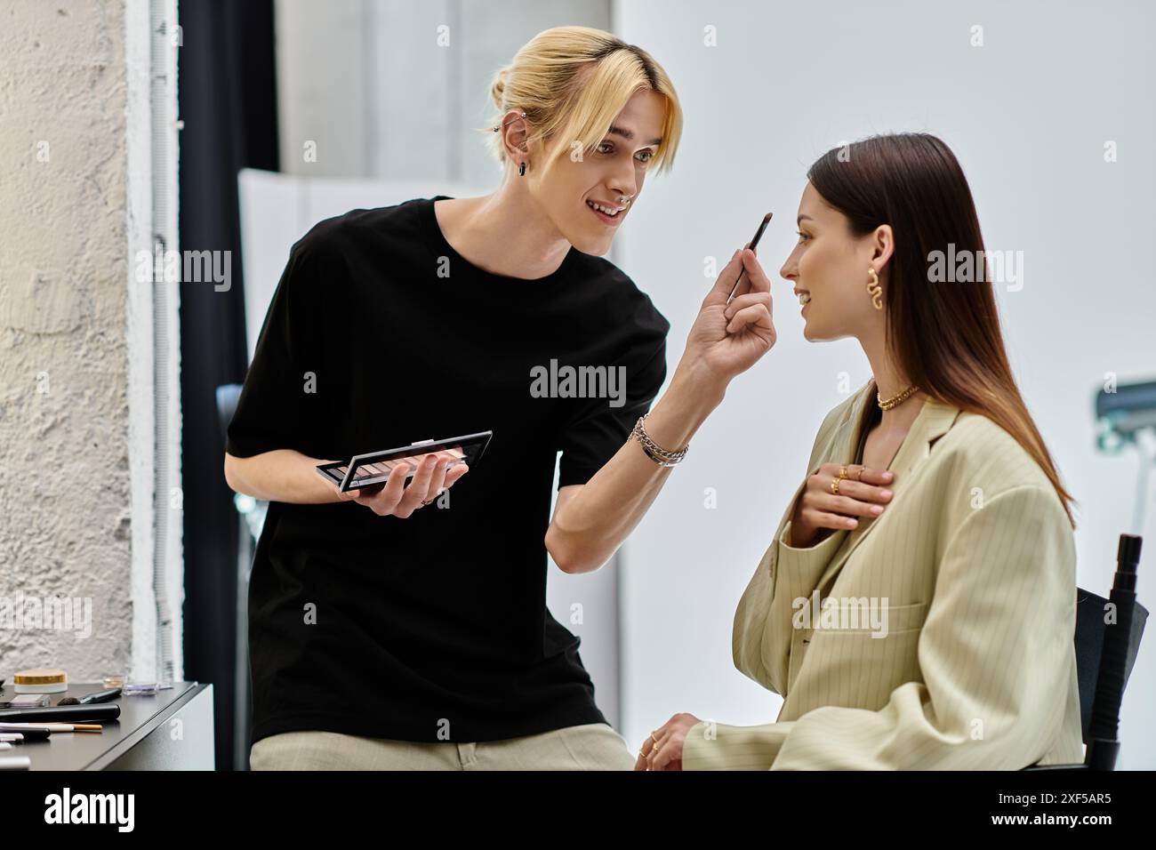 A makeup artist applies makeup to a clients face Stock Photo - Alamy