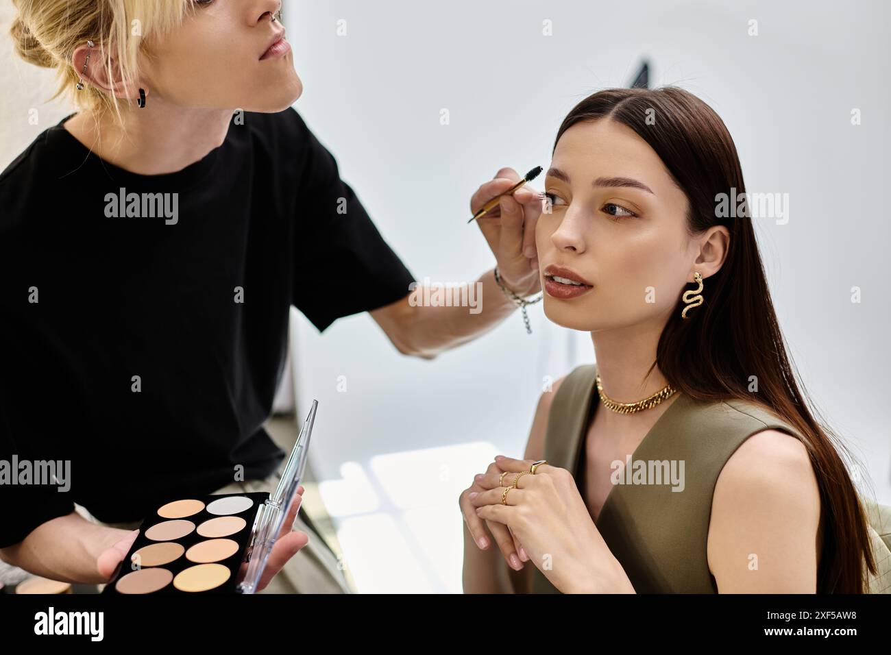 A makeup artist enhances a womans features with skill and precision ...