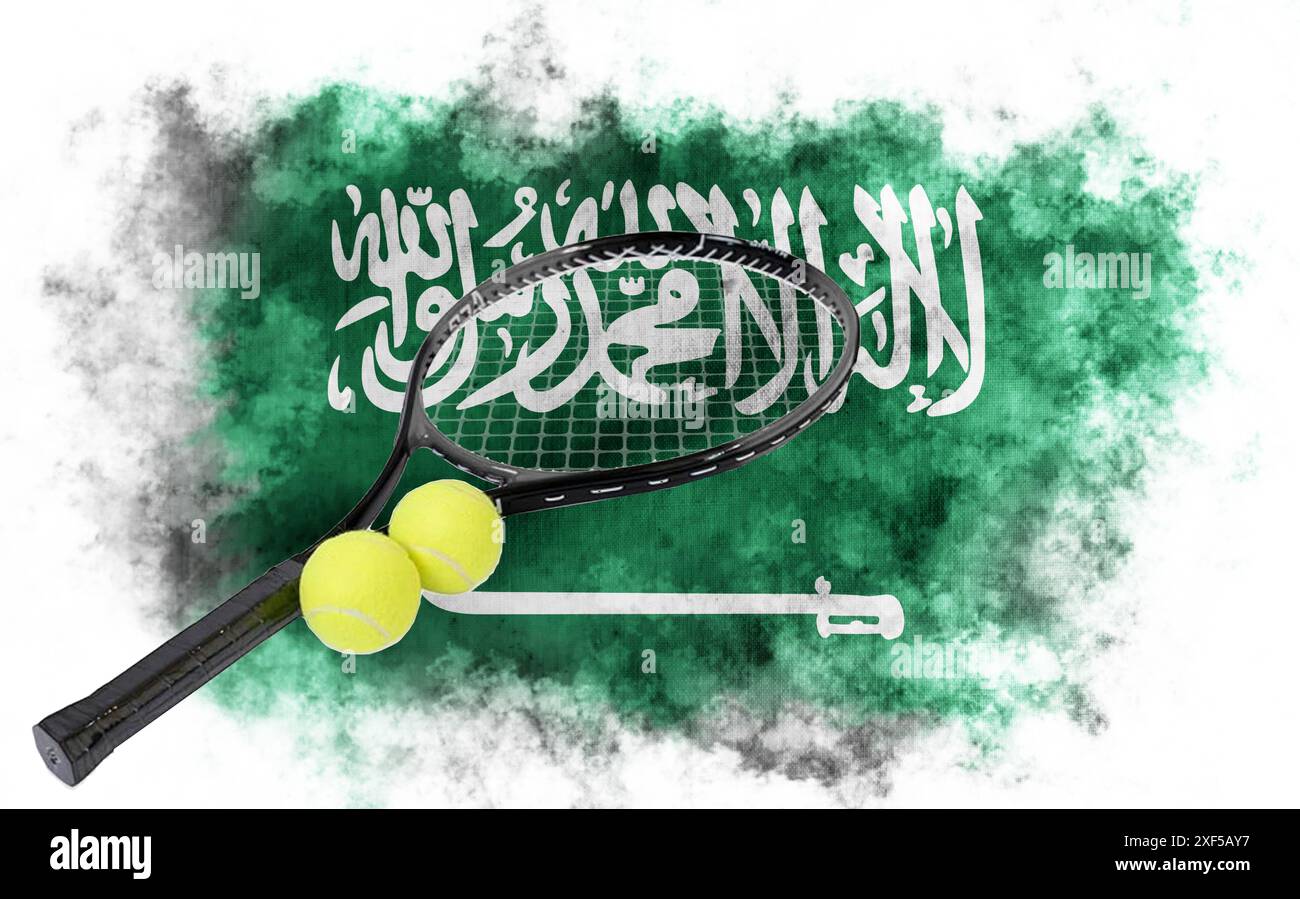 White background with Saudi Arabia flag and tennis racket with balls ...