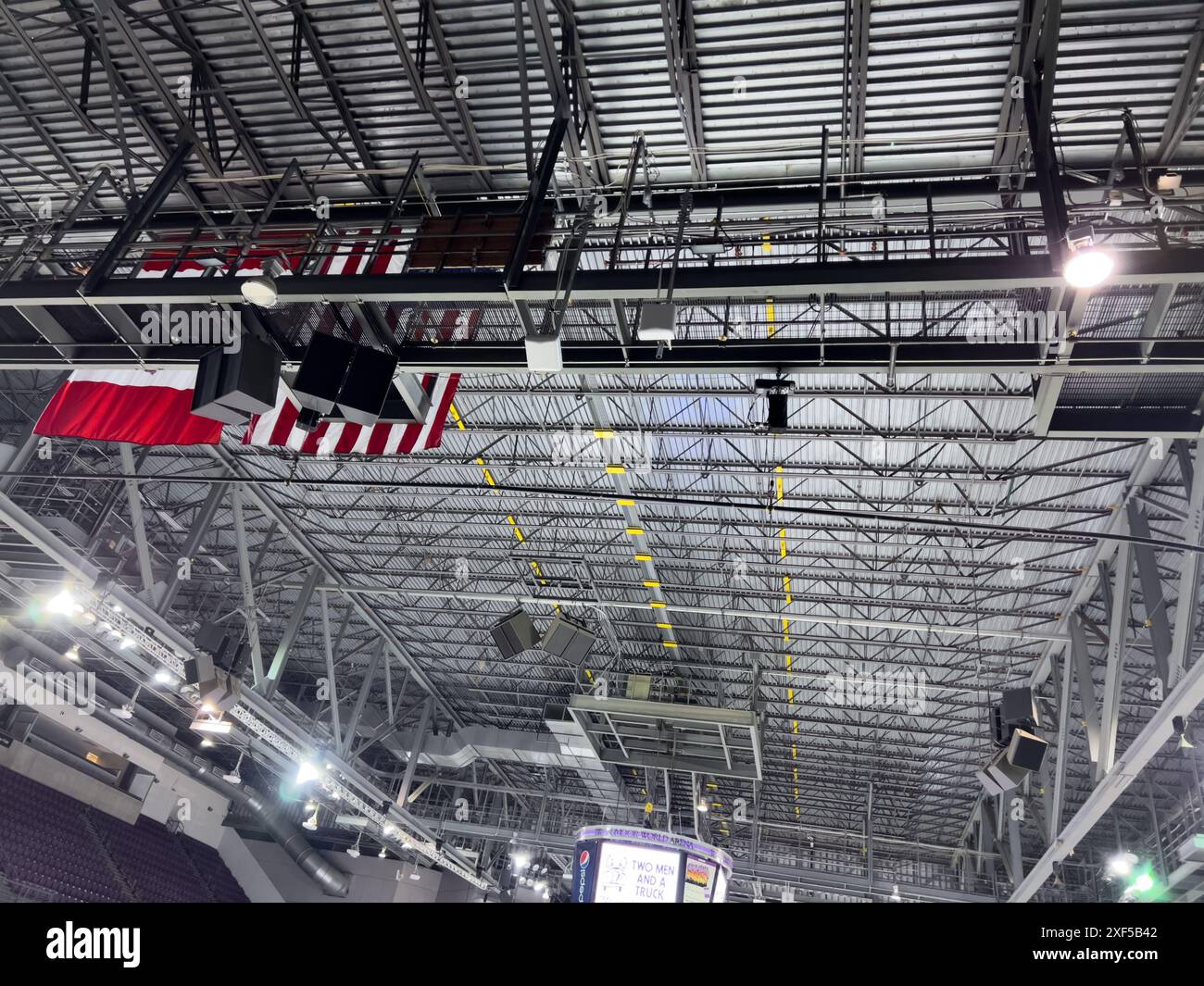 Ceiling View of World Arena Featuring Lighting and Flags Stock Photo ...