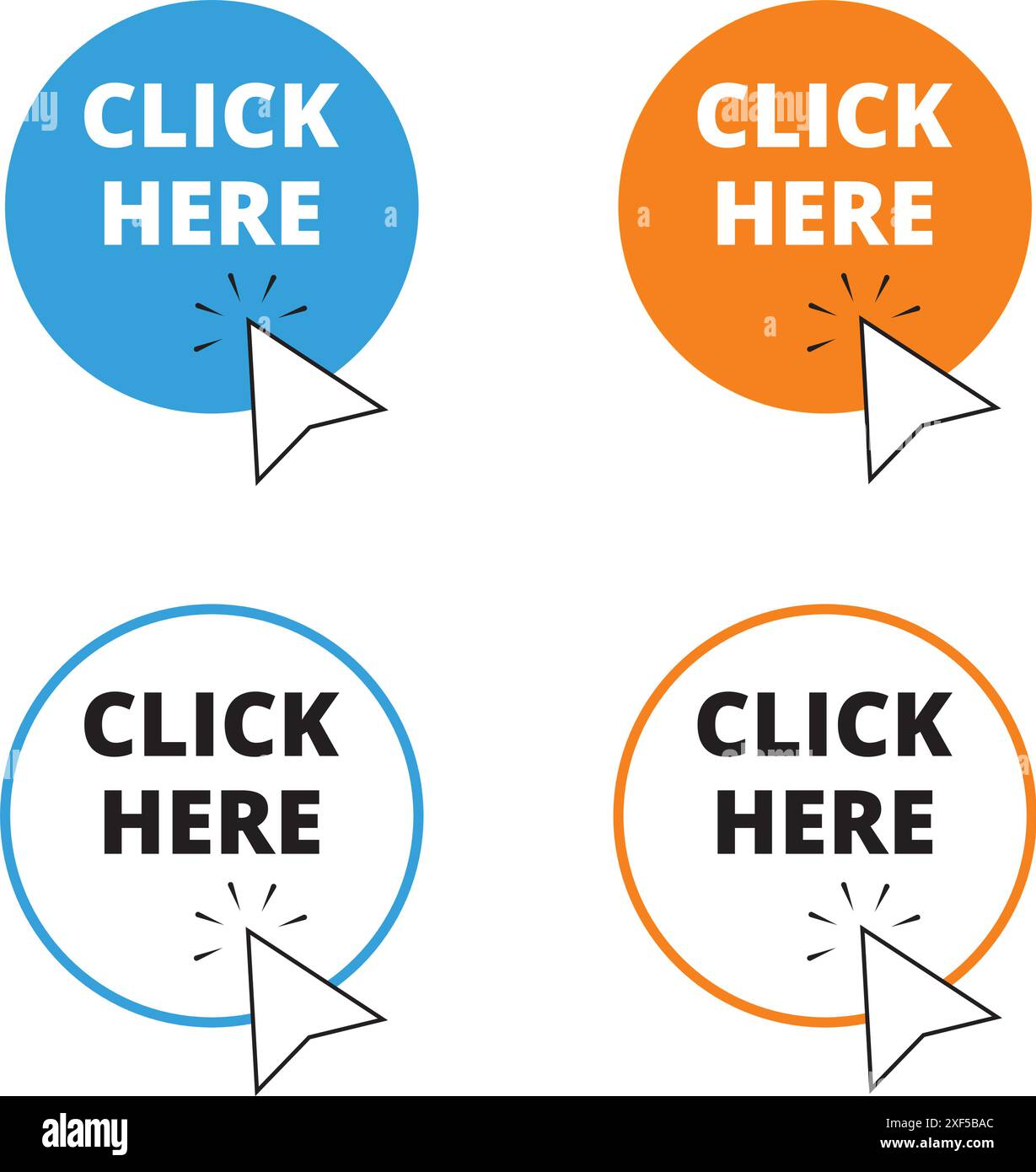 Blue and orange click here button with mouse pointer clicking on a white background Stock Vector ...