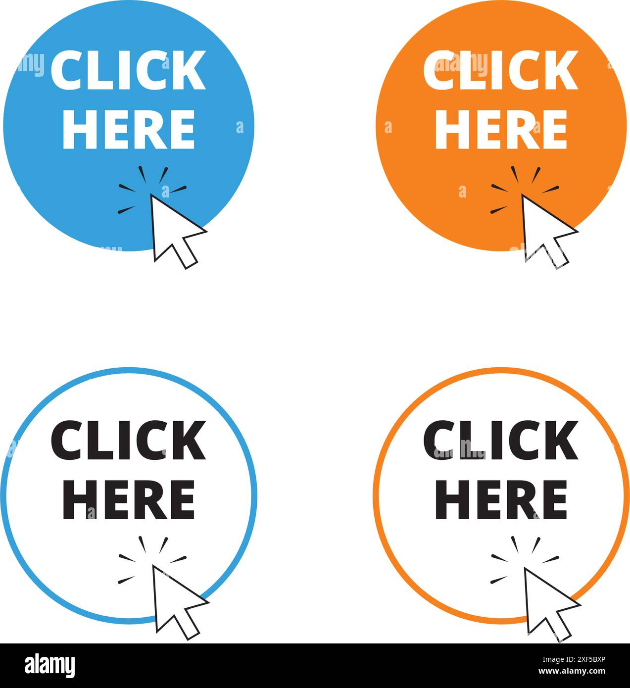 Blue and orange click here button with mouse pointer clicking on a white background Stock Vector ...