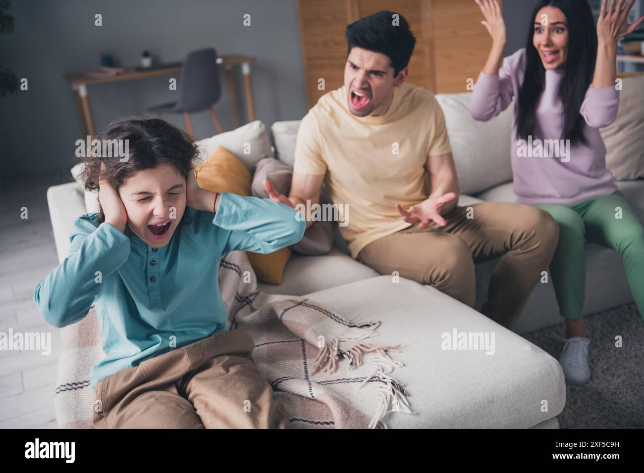 Photo of furious angry parents wear casual looks screaming guilty son ...