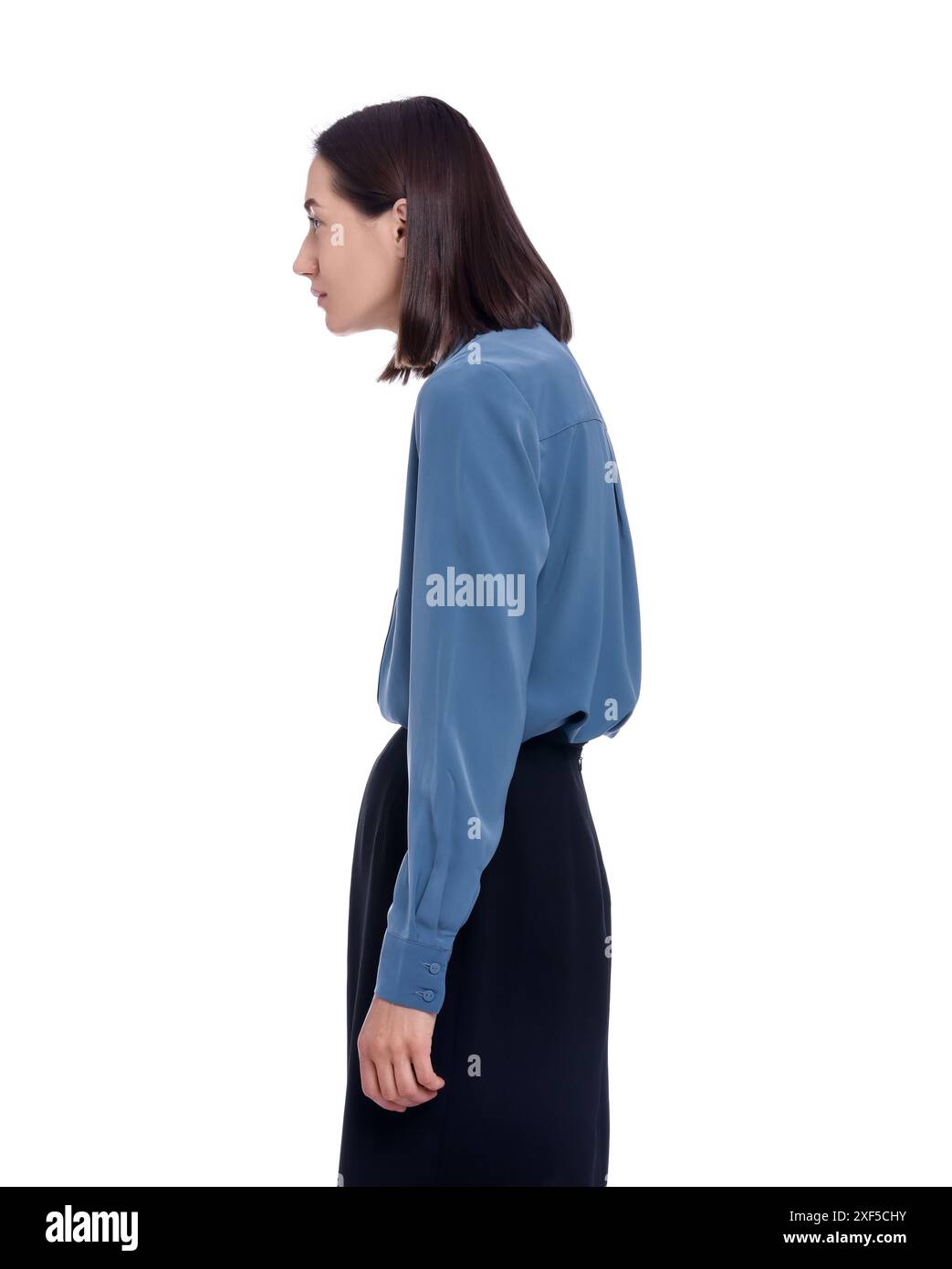 Woman with poor posture on white background Stock Photo - Alamy