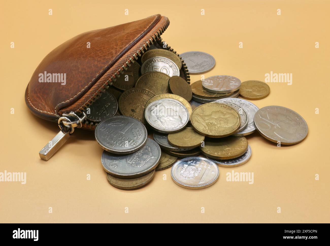 Photo of an open leather zip purse with a variety of pre euro European ...