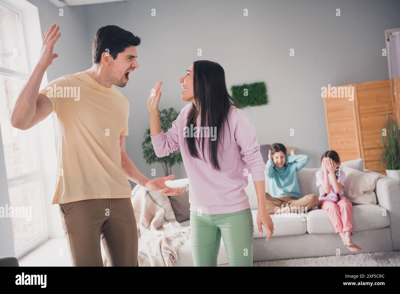 Photo of scared depressed kids wear casual looks afraid parents abuse ...