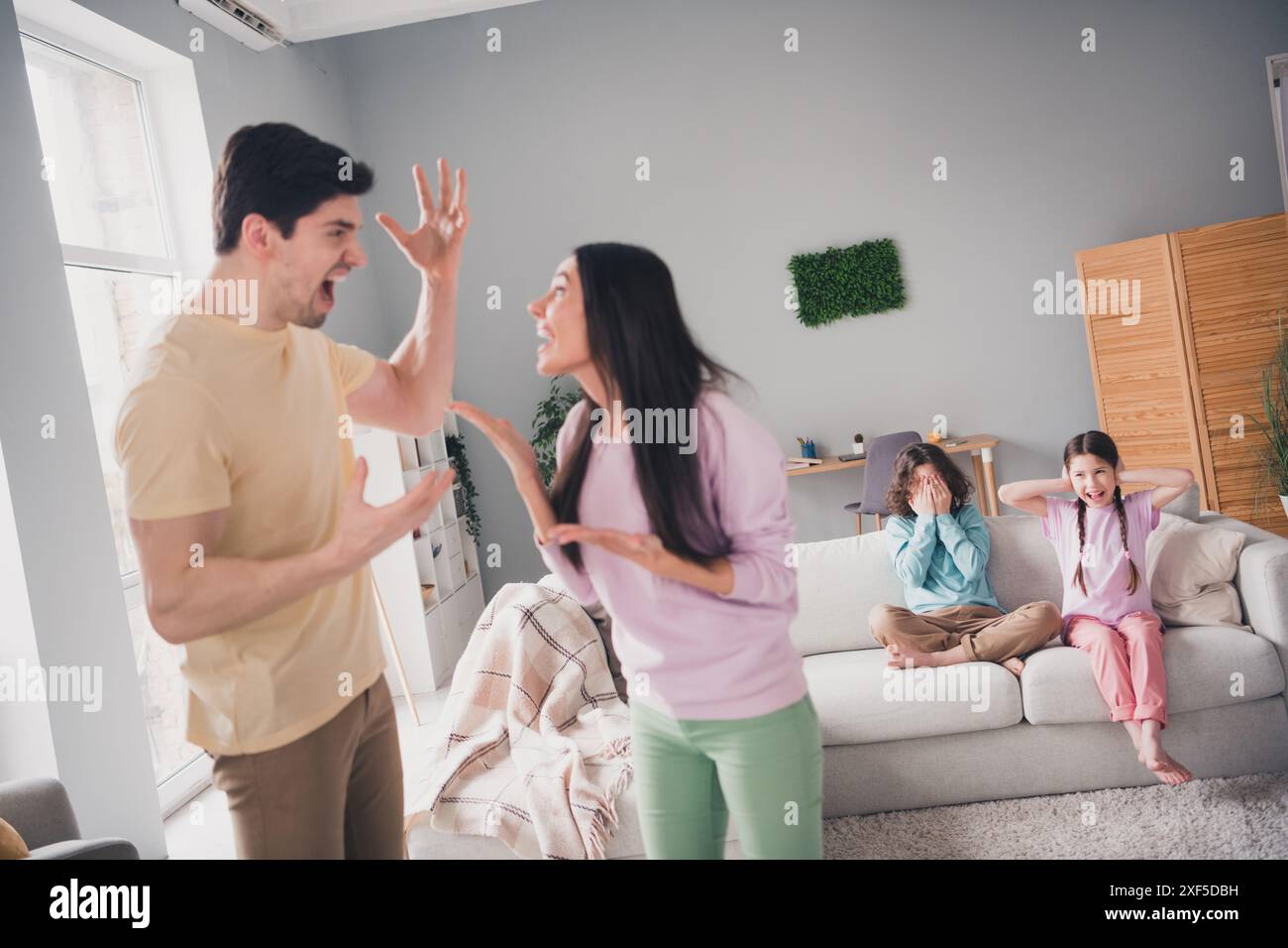 Photo of upset depressed children wear casual outfits afraid parents ...