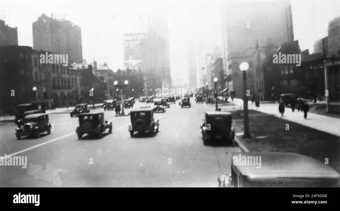 Transport: Cars on a wide road, Chicago, mid 1920s. From a photograph ...