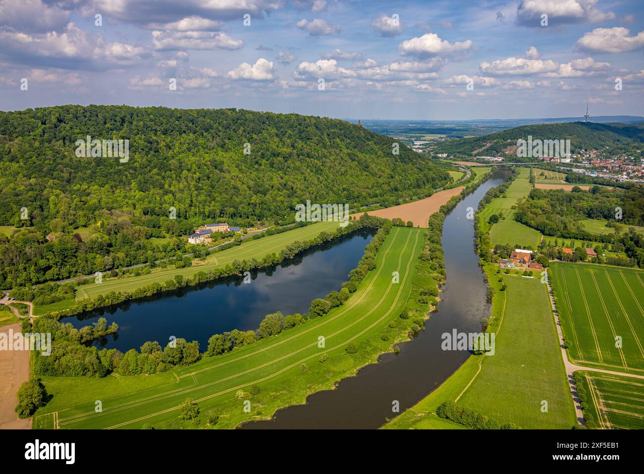 Aerial view, Kaiser Wilhelm monument, cultural monument, Wiehengebirge and river Weser ...