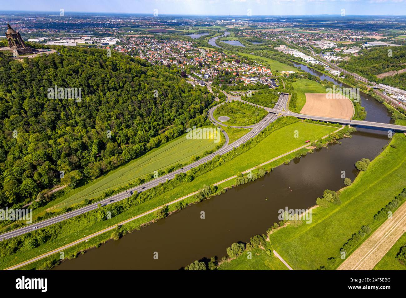 Aerial view, Kaiser Wilhelm monument, cultural monument, Wiehengebirge and river Weser, bridge ...