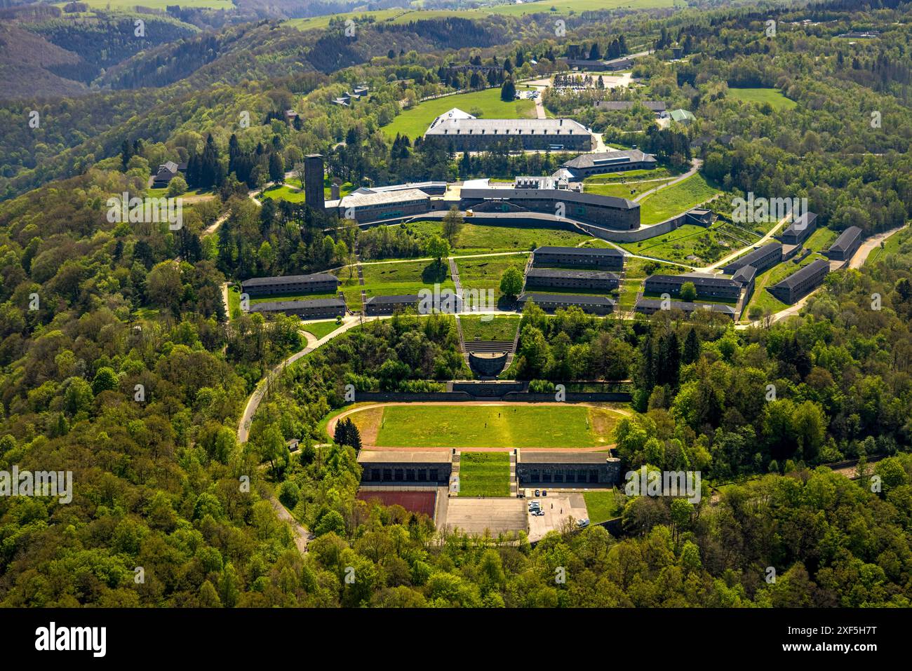Aerial view, Vogelsang IP building complex and historical museum on the ...