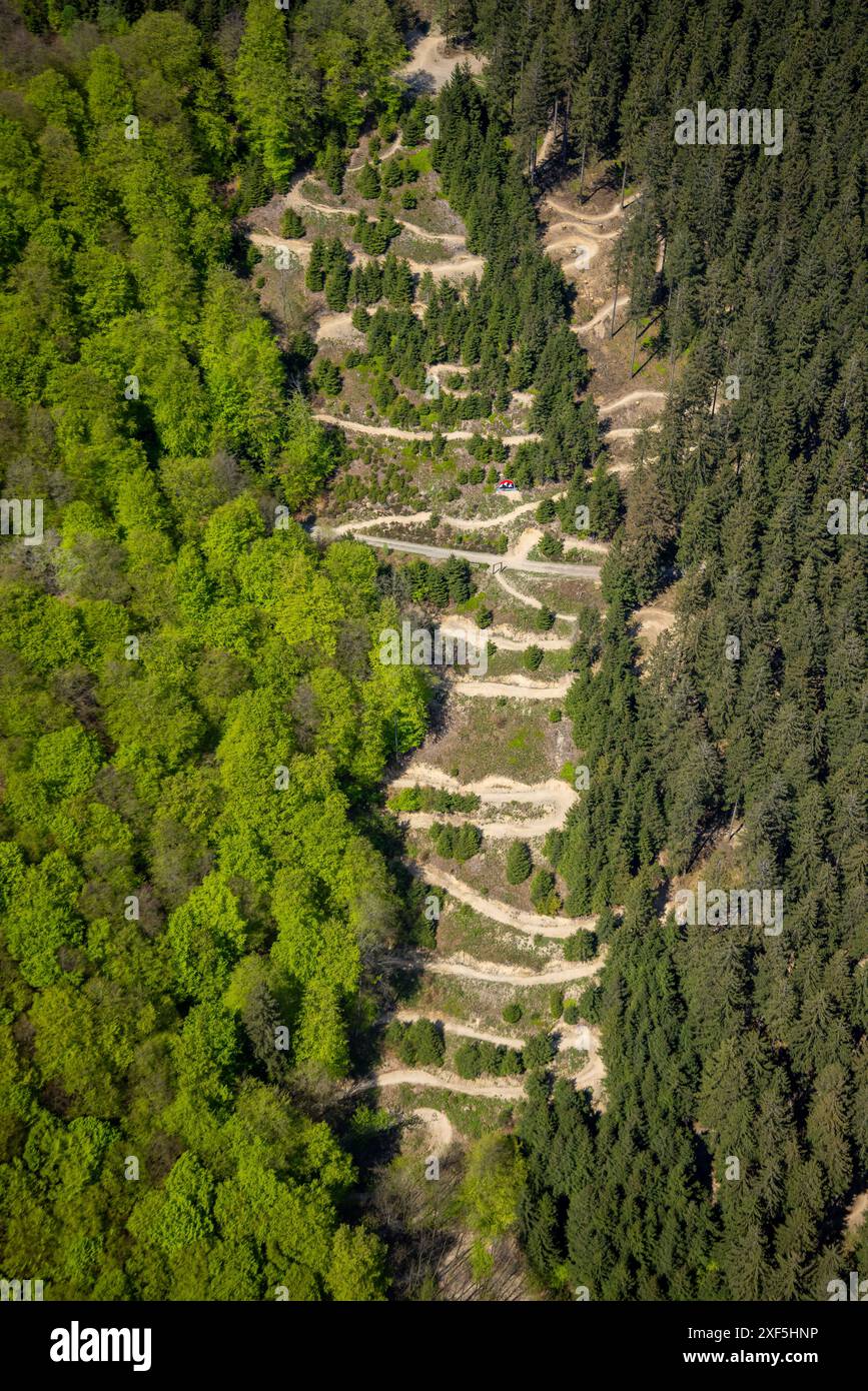 Aerial view, Green Hill Bikepark, mountain bike trail in the ...