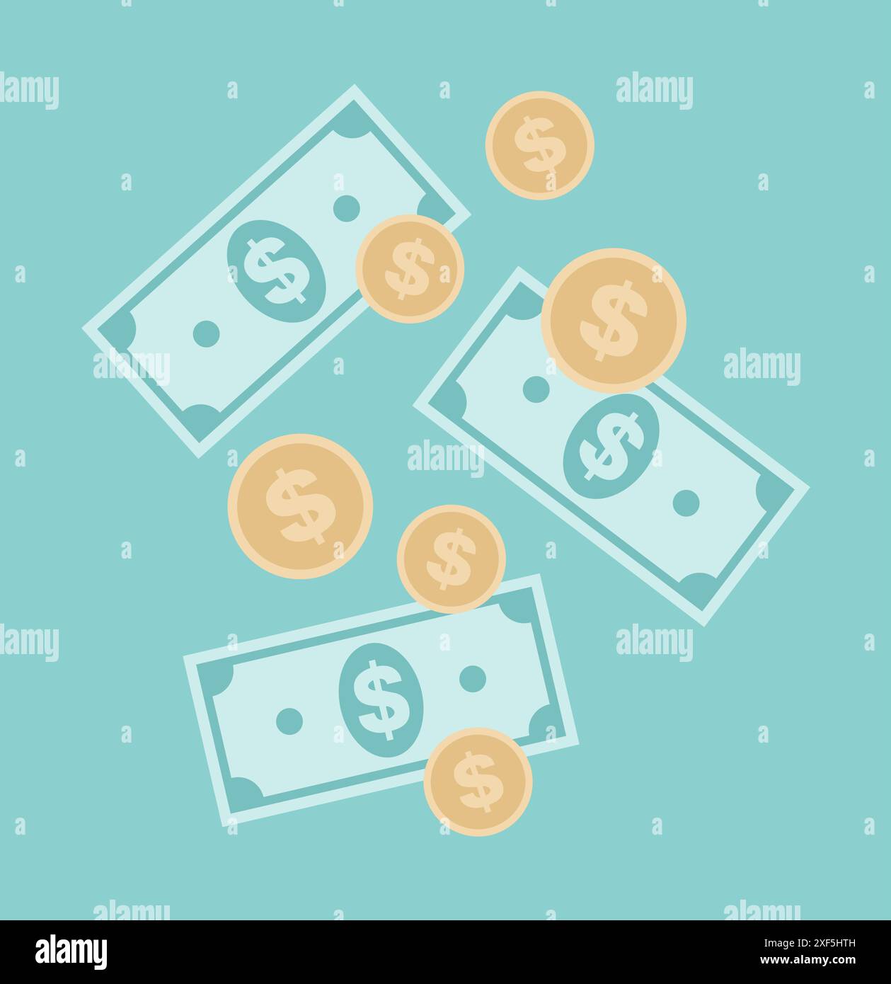 Paper bills and gold coins scattered randomly on a green background ...