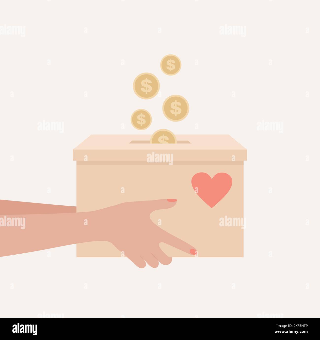 Female hands holding a charity box with a heart on it and gold coins ...