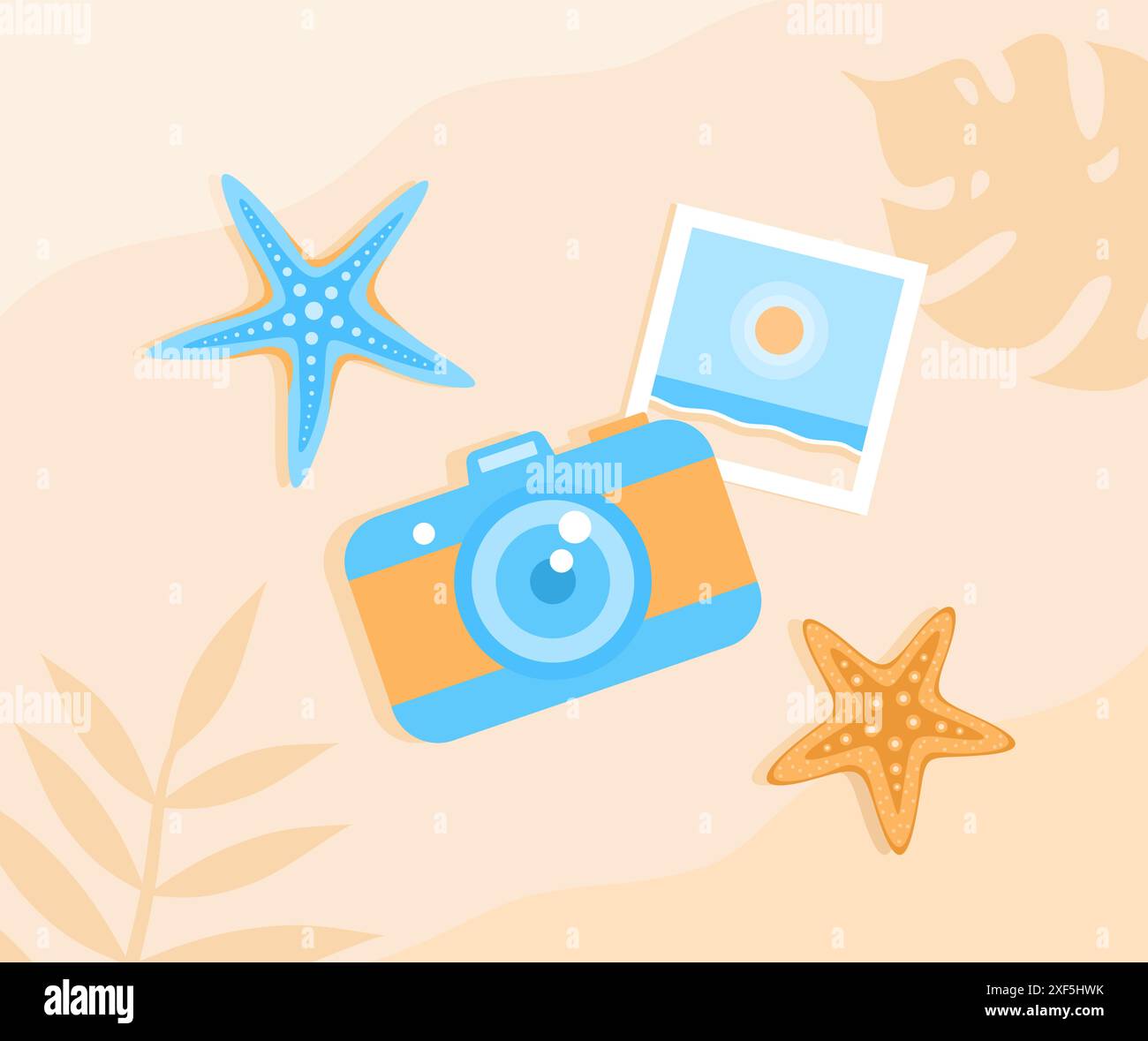 Camera with printed photo card and starfish on beach sand, top view ...
