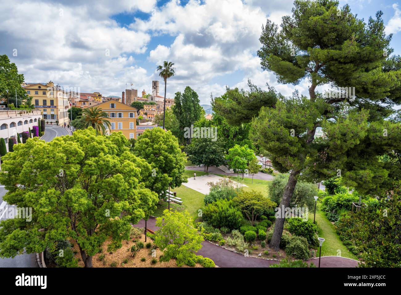 View across Jardin des Plantes with Grasse Cathedral in the distance in ...