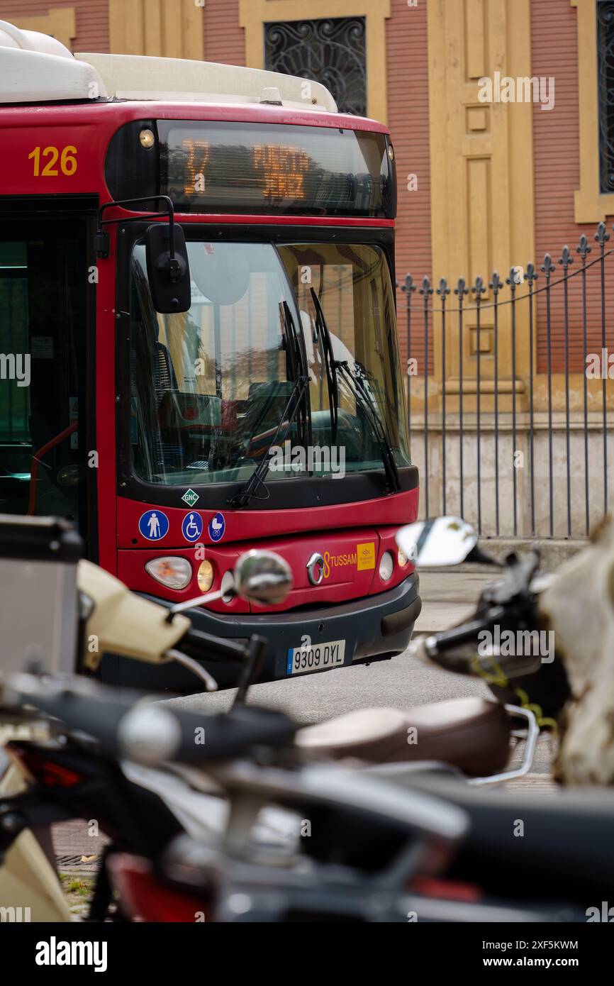 Seville, Spain. February 7, 2024 - Red line 37 bus parked on a street ...