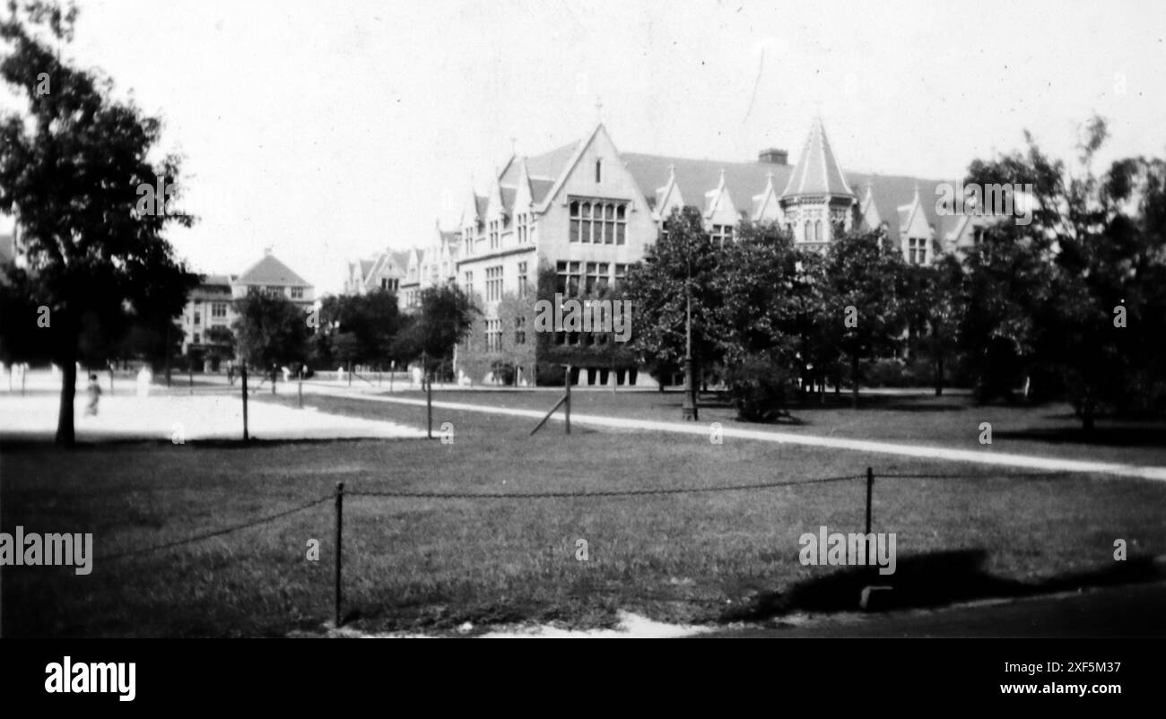 Wide angle landscape view of a large building. USA. 1920. University of ...