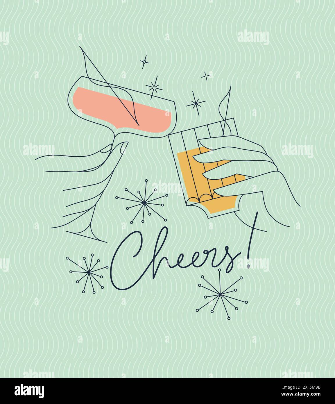 Poster clinking glasses with lettering cheers drawing with color on ...