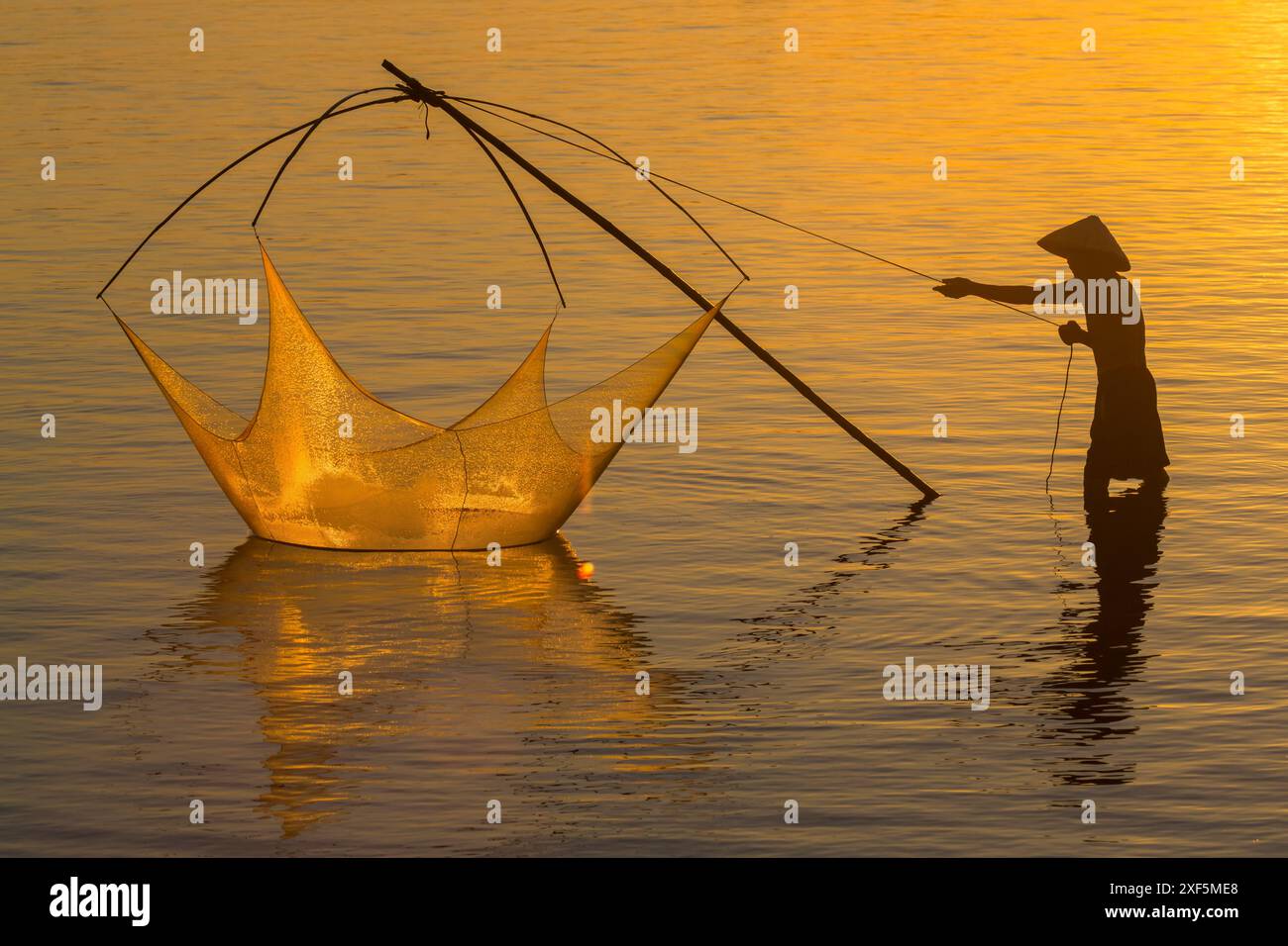 Vietnamese fisherman with traditional fishing net at sunrise on Quang ...