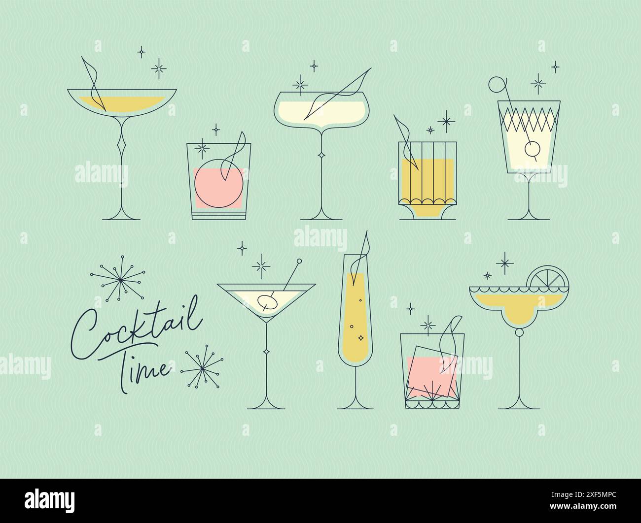 Cocktails time set with glasses drawing in retro style on green ...