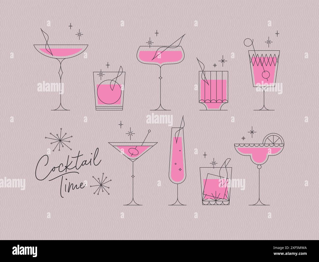 Cocktails time set with glasses drawing in retro style on pink ...