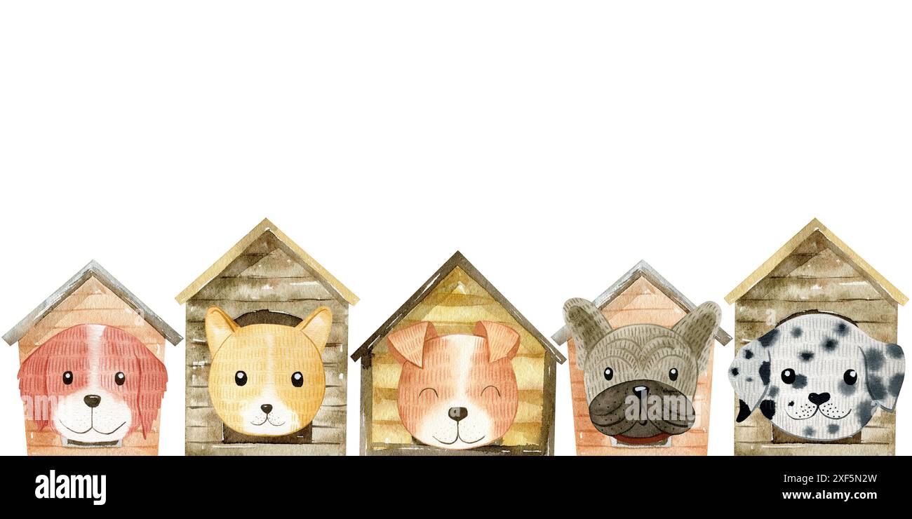 Cute dogs in kennels. Watercolor illustration isolated on white ...