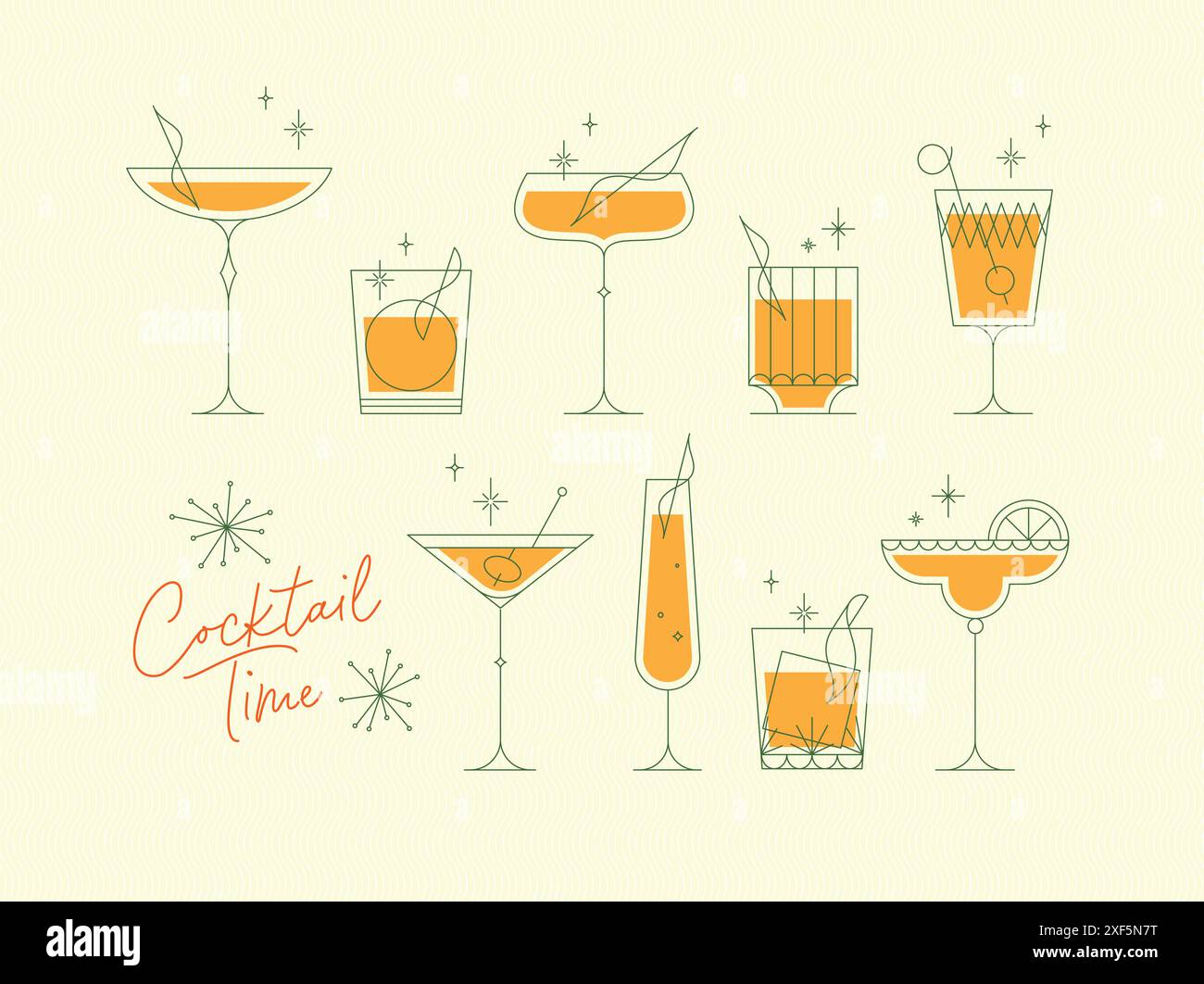 Cocktails time set with glasses drawing in retro style on yellow ...