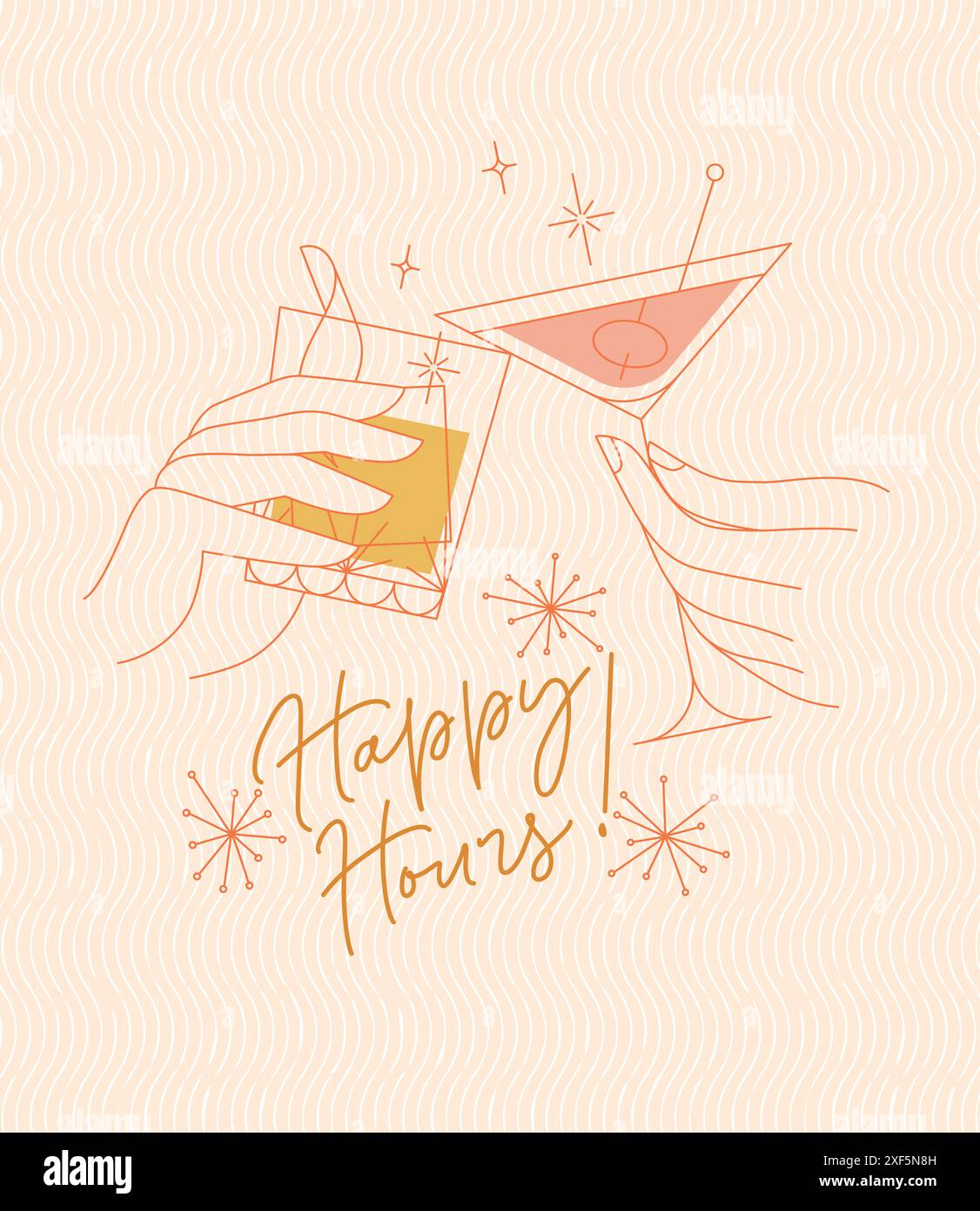 Poster clinking glasses with lettering happy hours drawing with color ...
