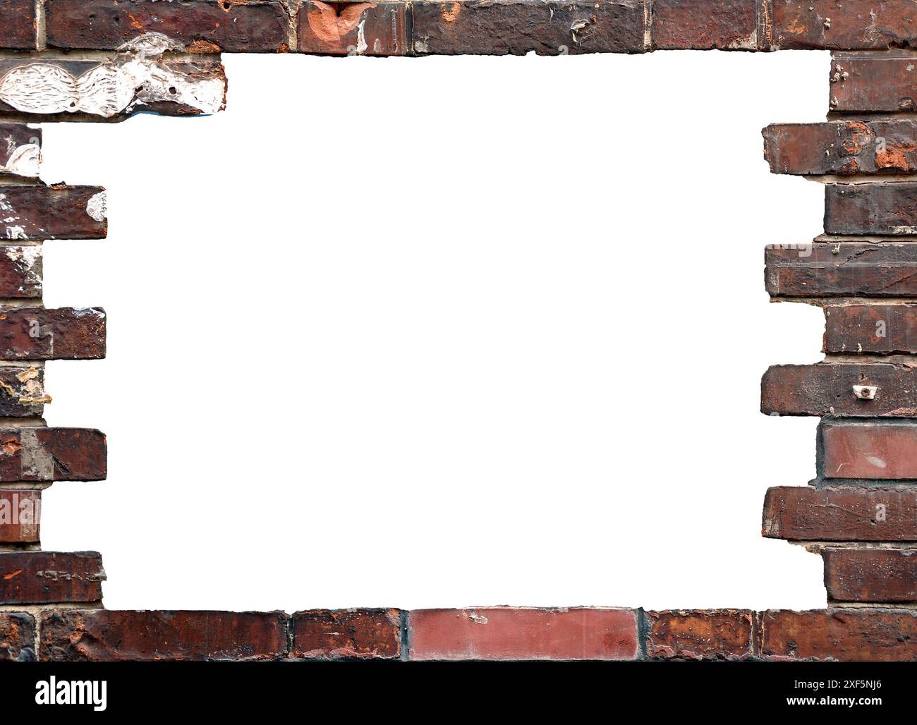 Large hole in a brick wall, photo of a brick frame aisolated on white ...