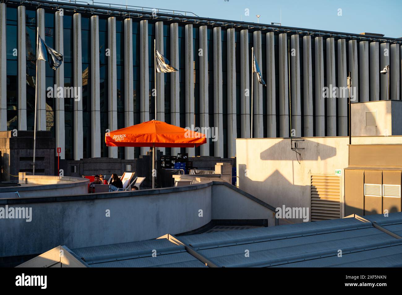 Brussels Old Town, Belgium, June 23, 2024 - The Bozar rooftop café on a ...
