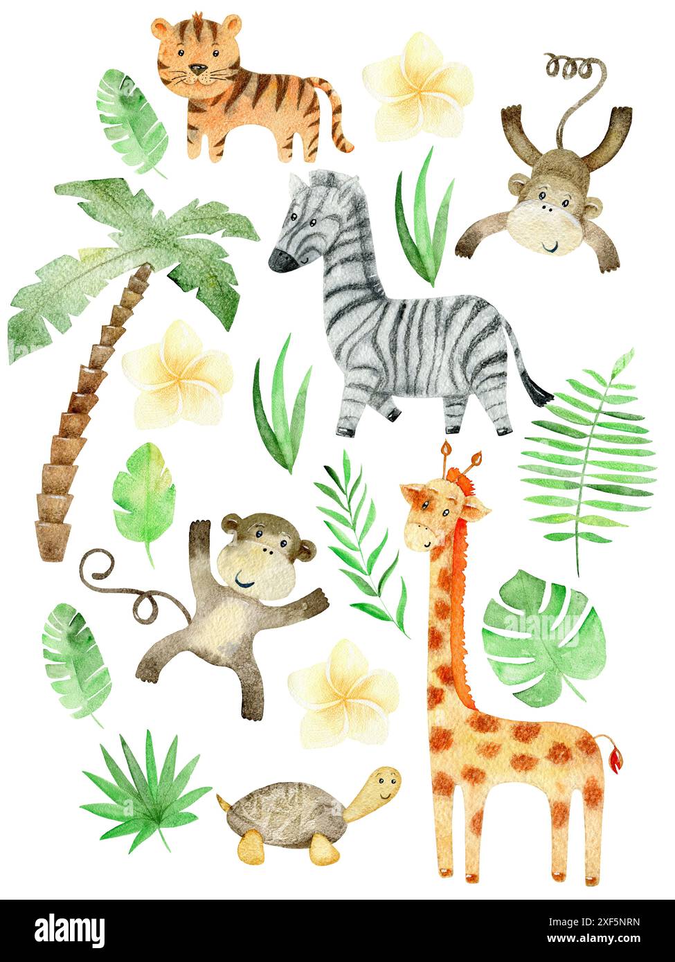 Watercolor arrangement with safari animals. Exotic poster on a white ...