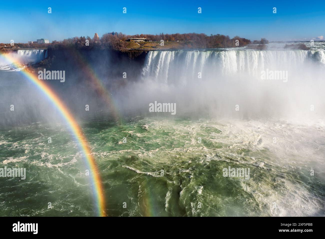 Niagara Falls and rainbow, American side with the skyline of the city ...