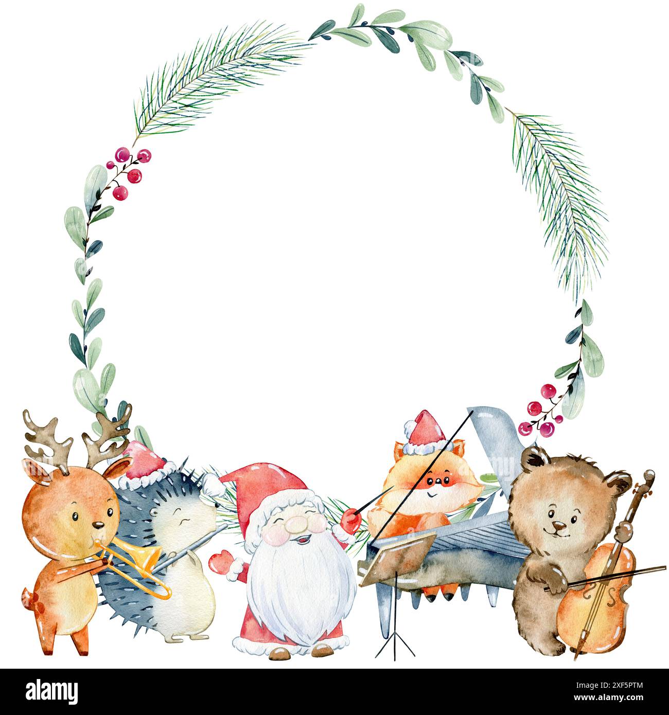 Christmas greeting card. Watercolor winter wreath with animals playing ...