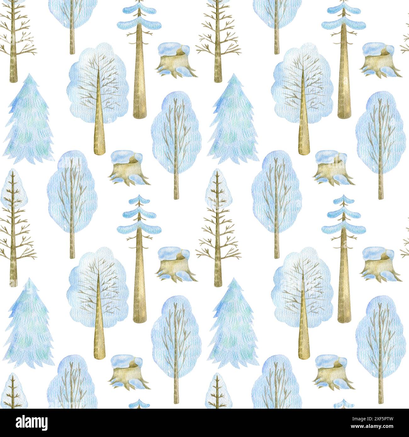 Watercolor forest seamless pattern with trees and stumps Stock Photo ...